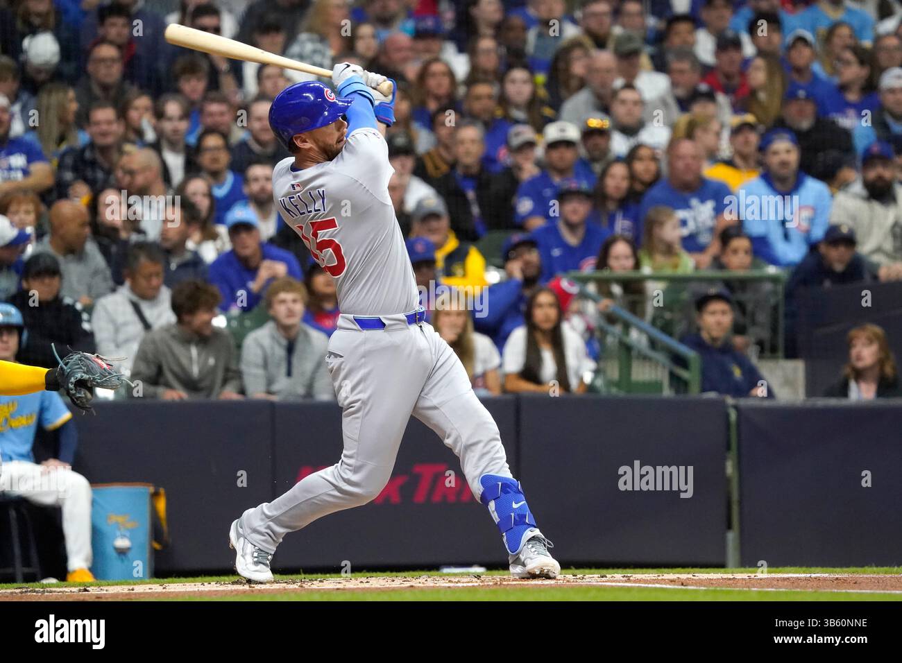Chicago Cubs' Carson Kelly (15) hits an RBI single to right field ...