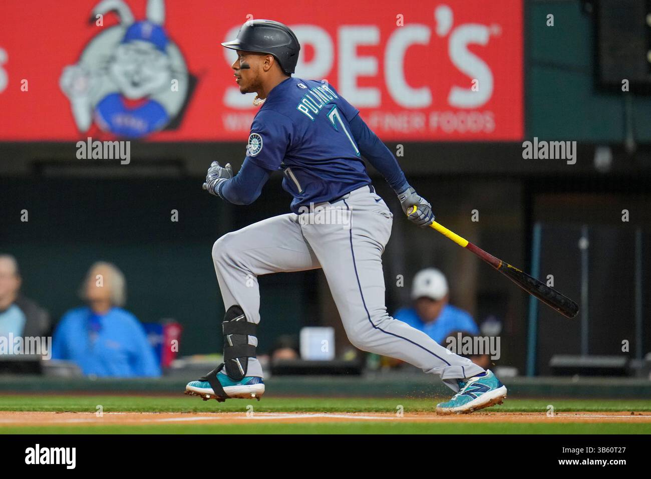 Seattle Mariners' Jorge Polanco watches his first inning single during ...