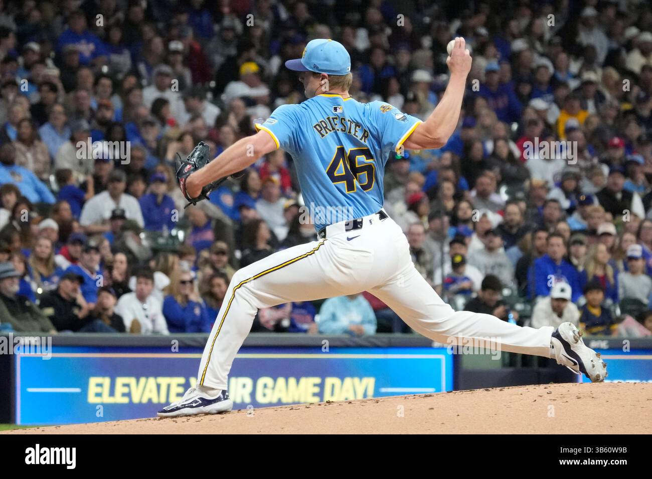 Milwaukee Brewers pitcher Quinn Priester (46) throws during the first ...