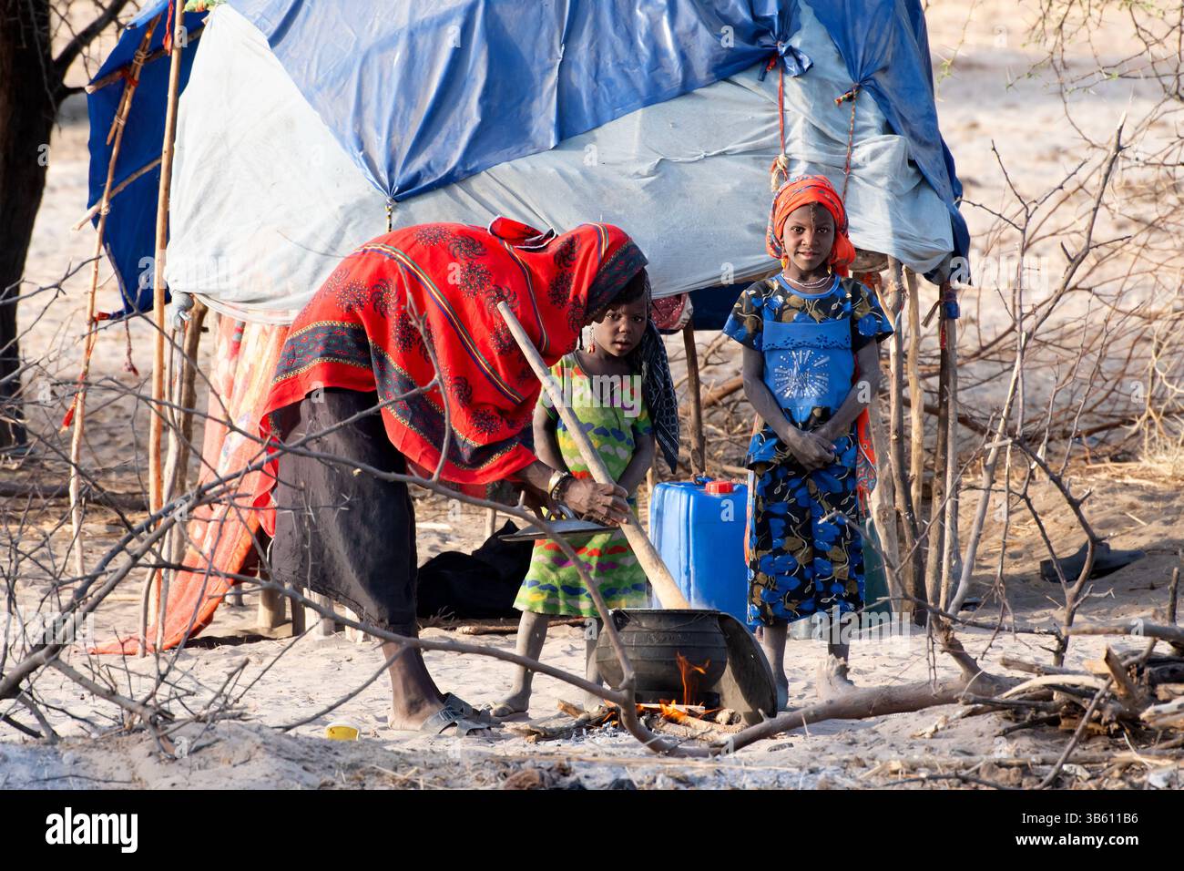 Cooking in Wodaabe nomadic tribe camp near Lake Chad, Chad Stock Photo ...