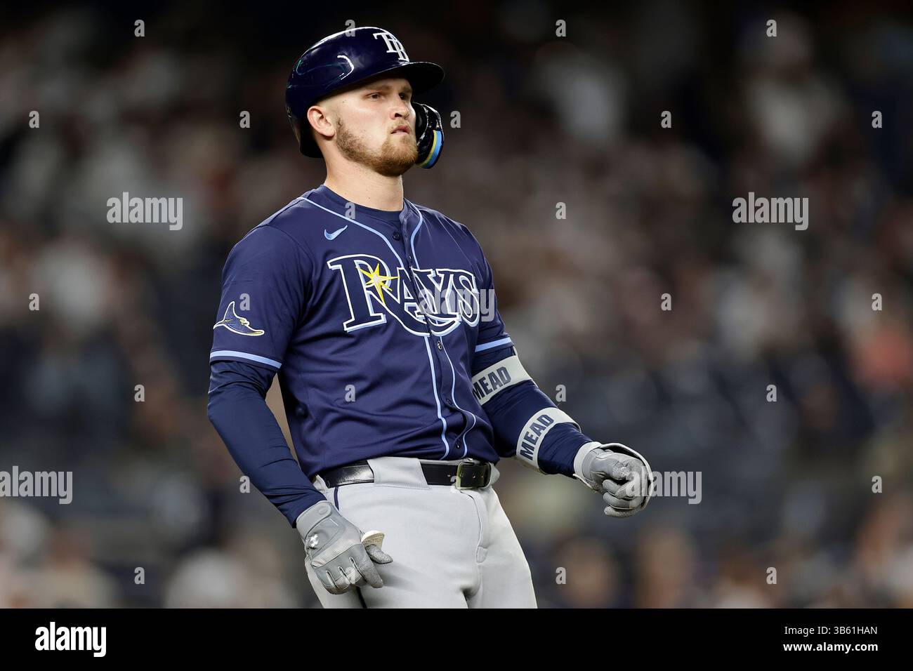 Tampa Bay Rays' Curtis Mead reacts after lining out during the eighth ...