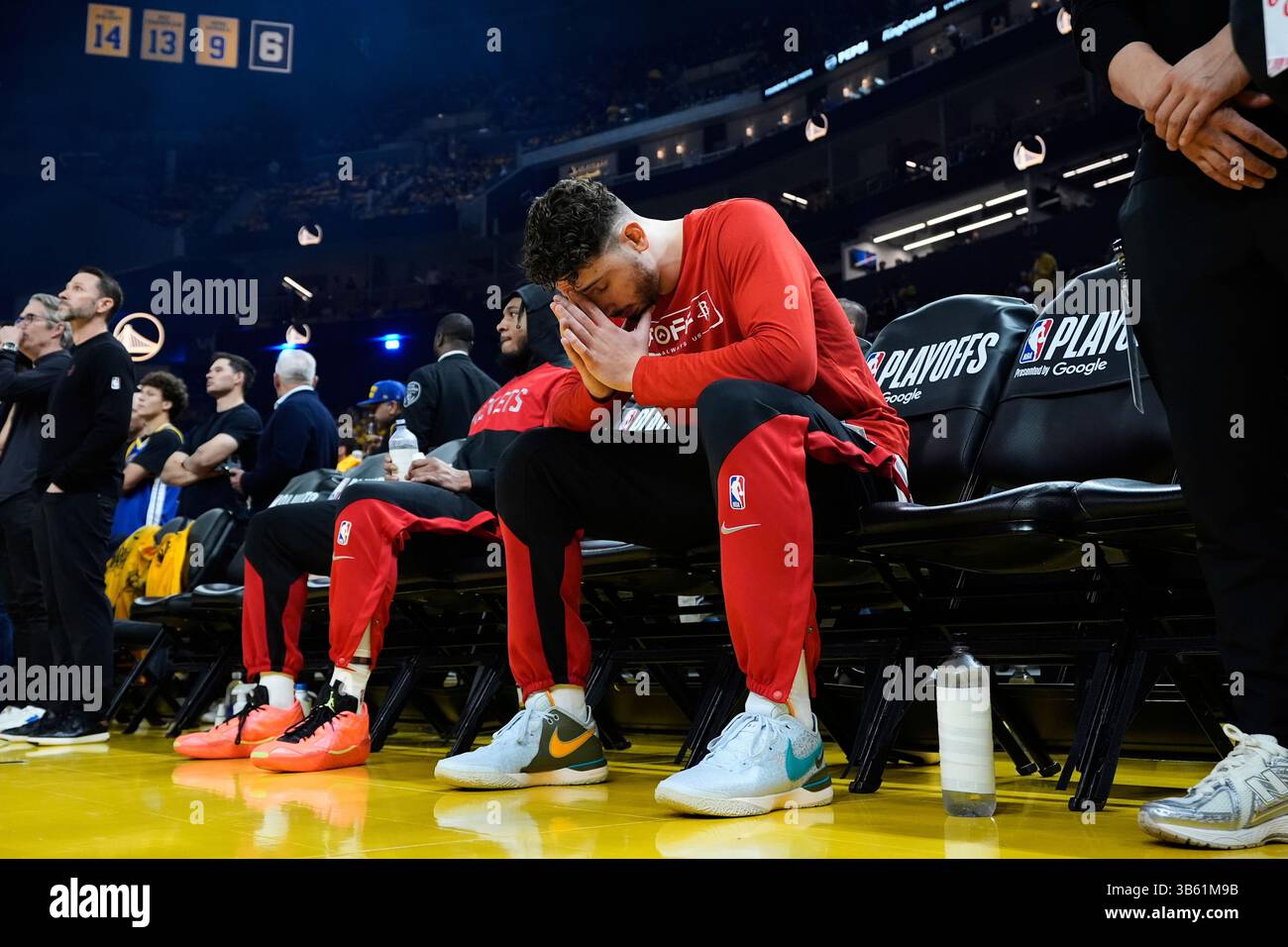 Houston Rockets center Alperen Sengun sits on the bench before Game 6 ...