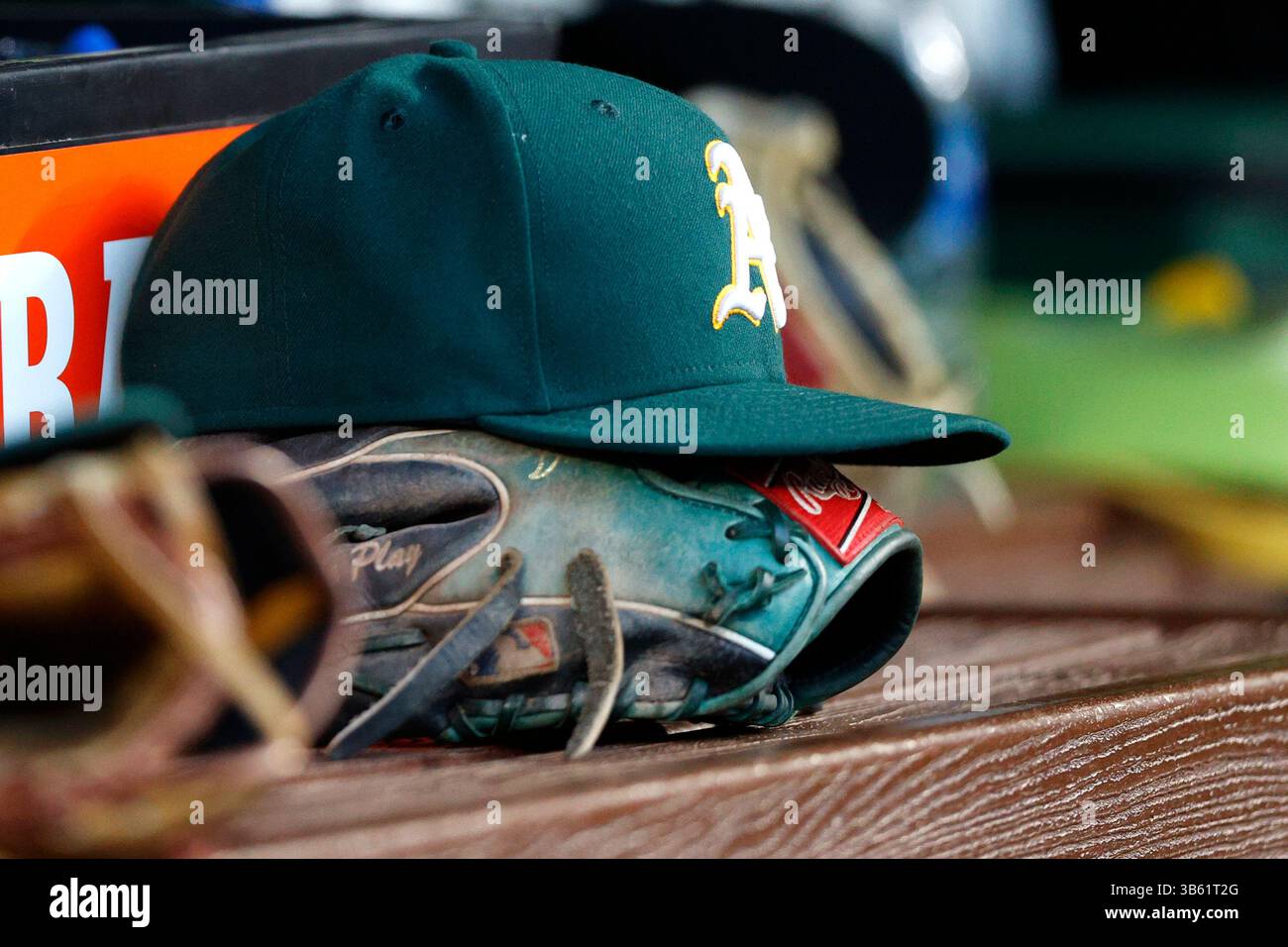 MIAMI, FL - MAY 02: The baseball cap of the Athletics sits in the ...