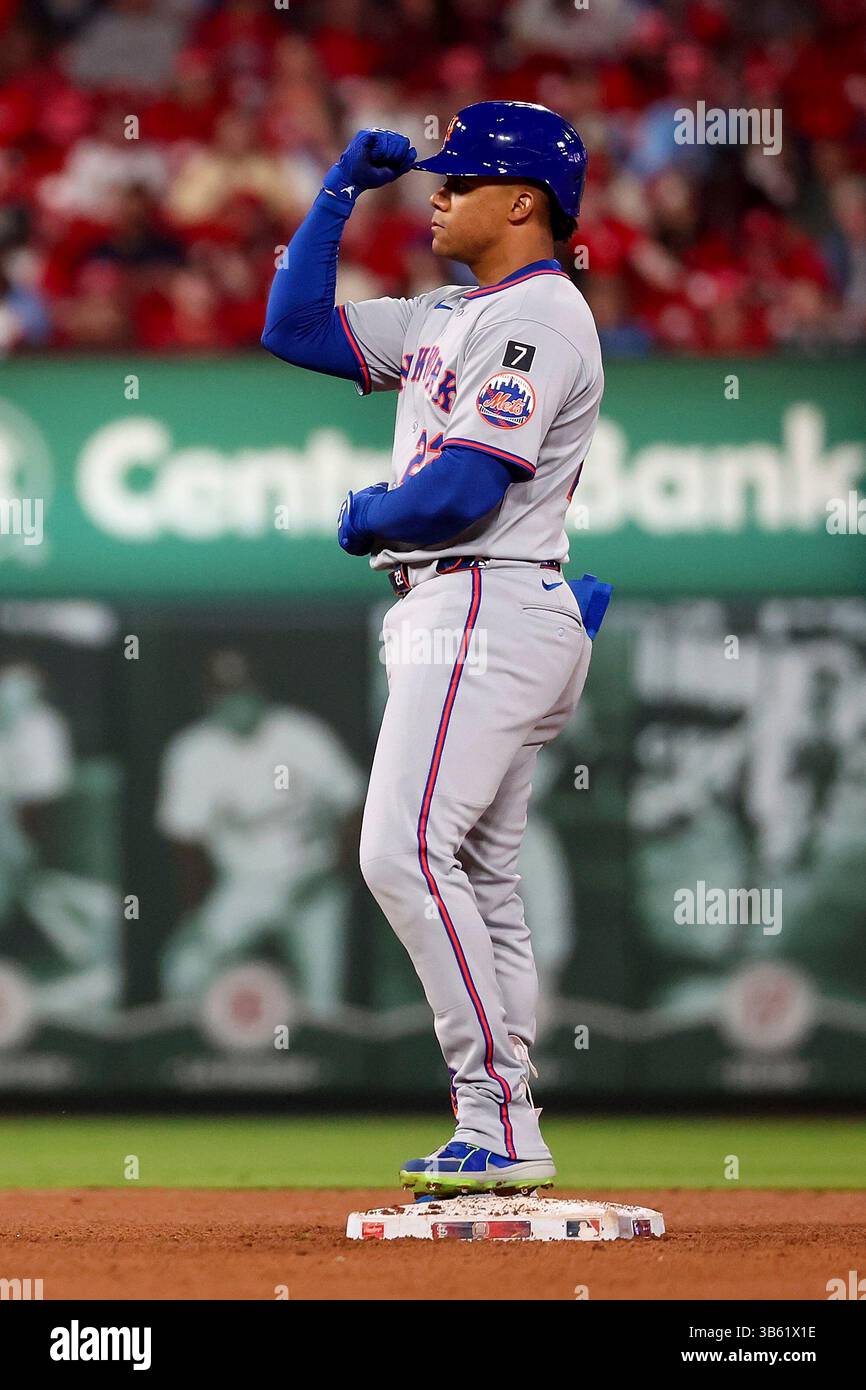 New York Mets' Juan Soto gestures after hitting a double during the ...