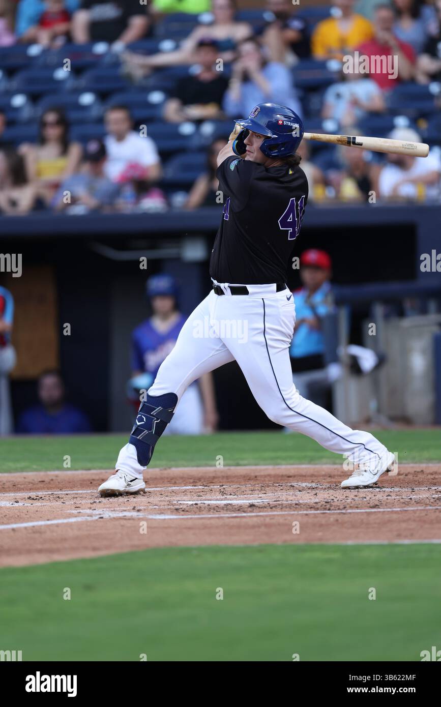 Durham, NC: Durham Bulls designated hitter Bob Seymour (41) doubles to ...