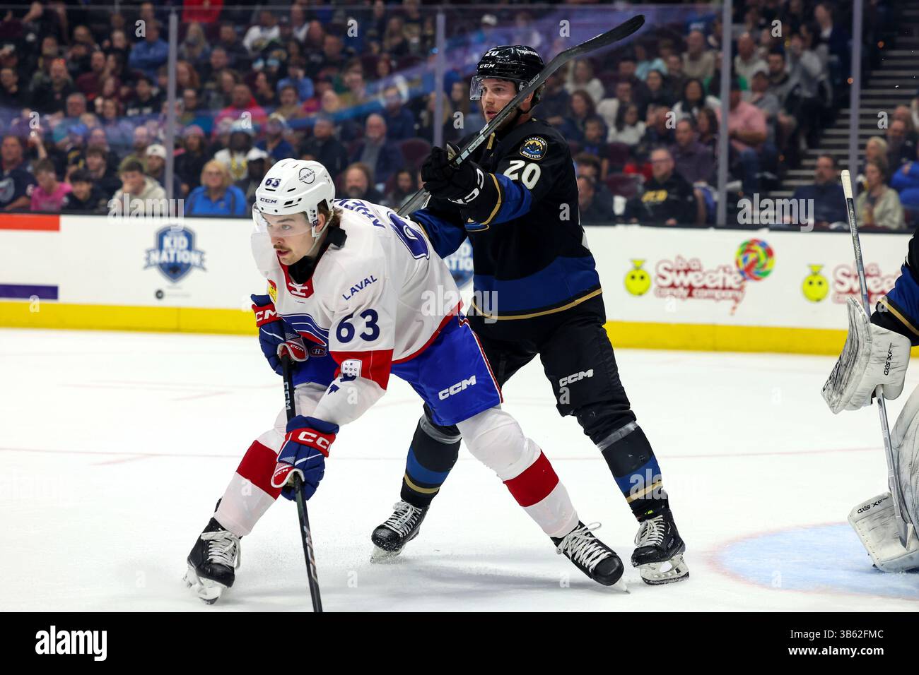 CLEVELAND, OH - MAY 02: Cleveland Monsters defenseman Samuel Knazko (20) defends Laval Rocket ...