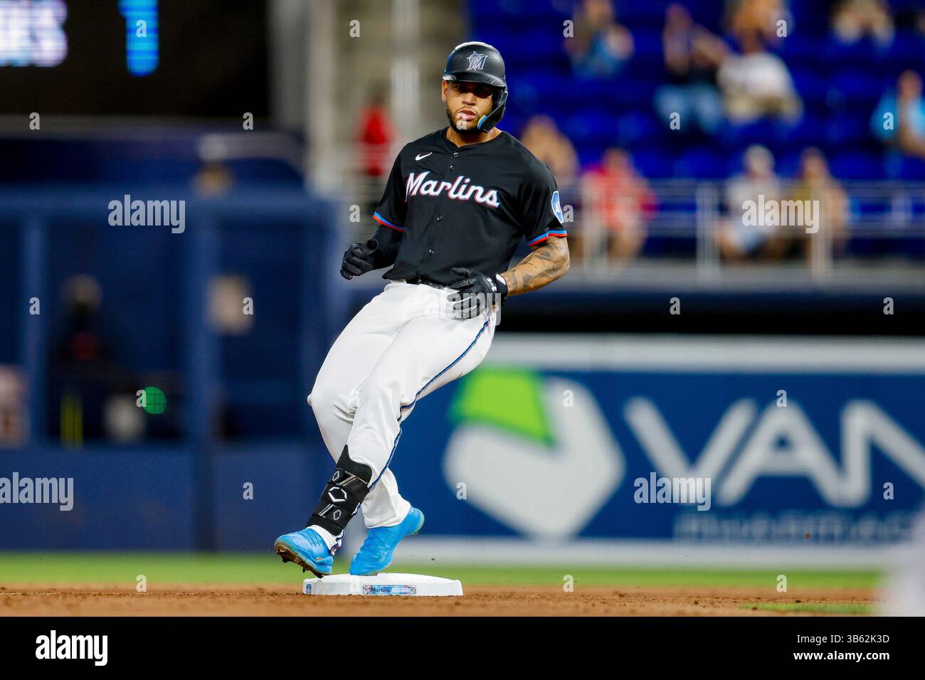 MIAMI, FL - MAY 02: Agustín Ramírez #50 of the Miami Marlins looks on ...