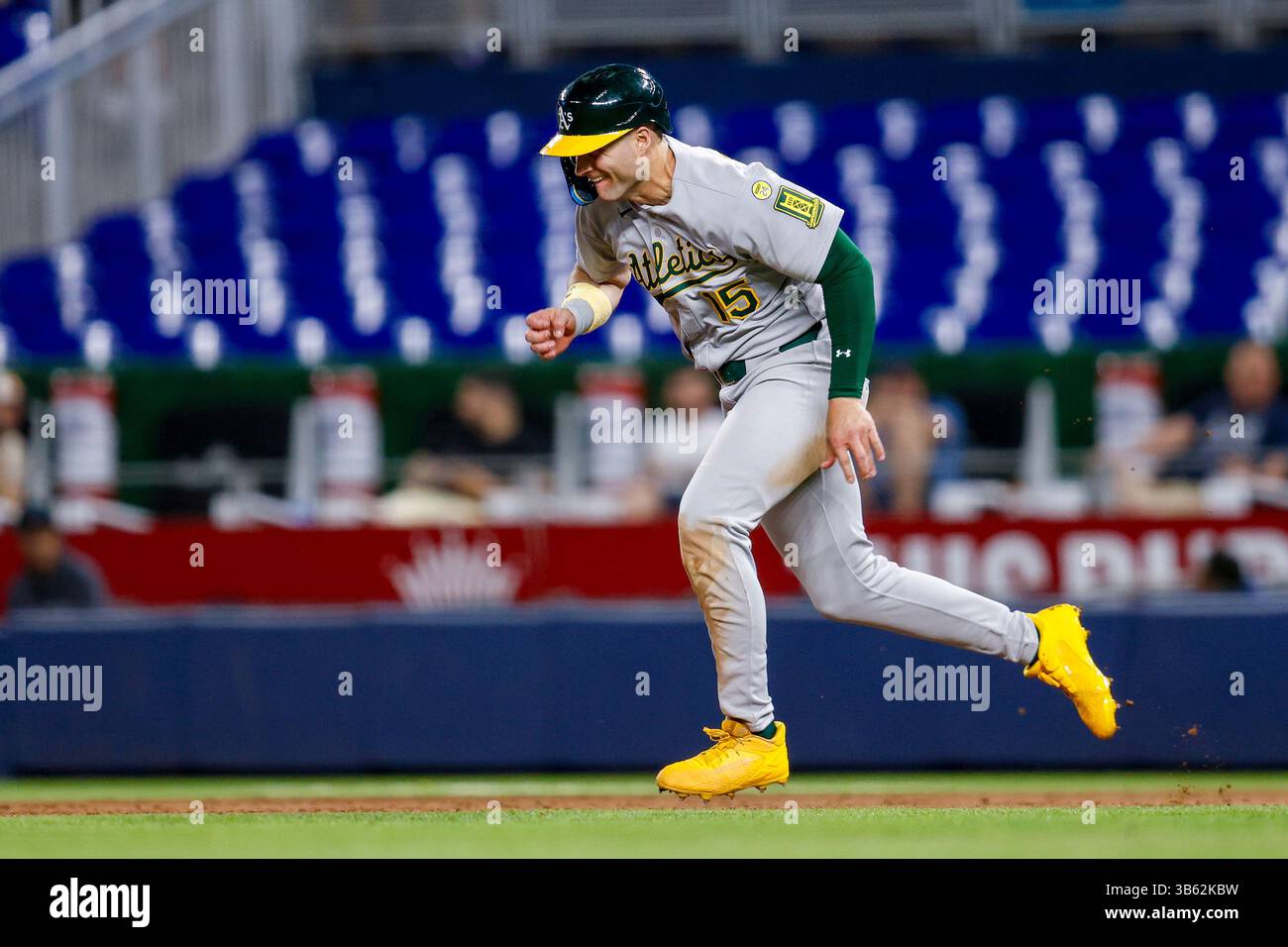 MIAMI, FL - MAY 02: Seth Brown #15 of the Oakland Athletics runs to ...