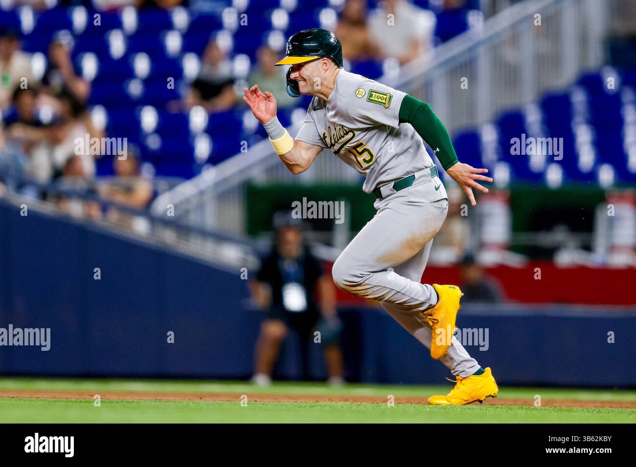 MIAMI, FL - MAY 02: Seth Brown #15 of the Oakland Athletics runs to ...