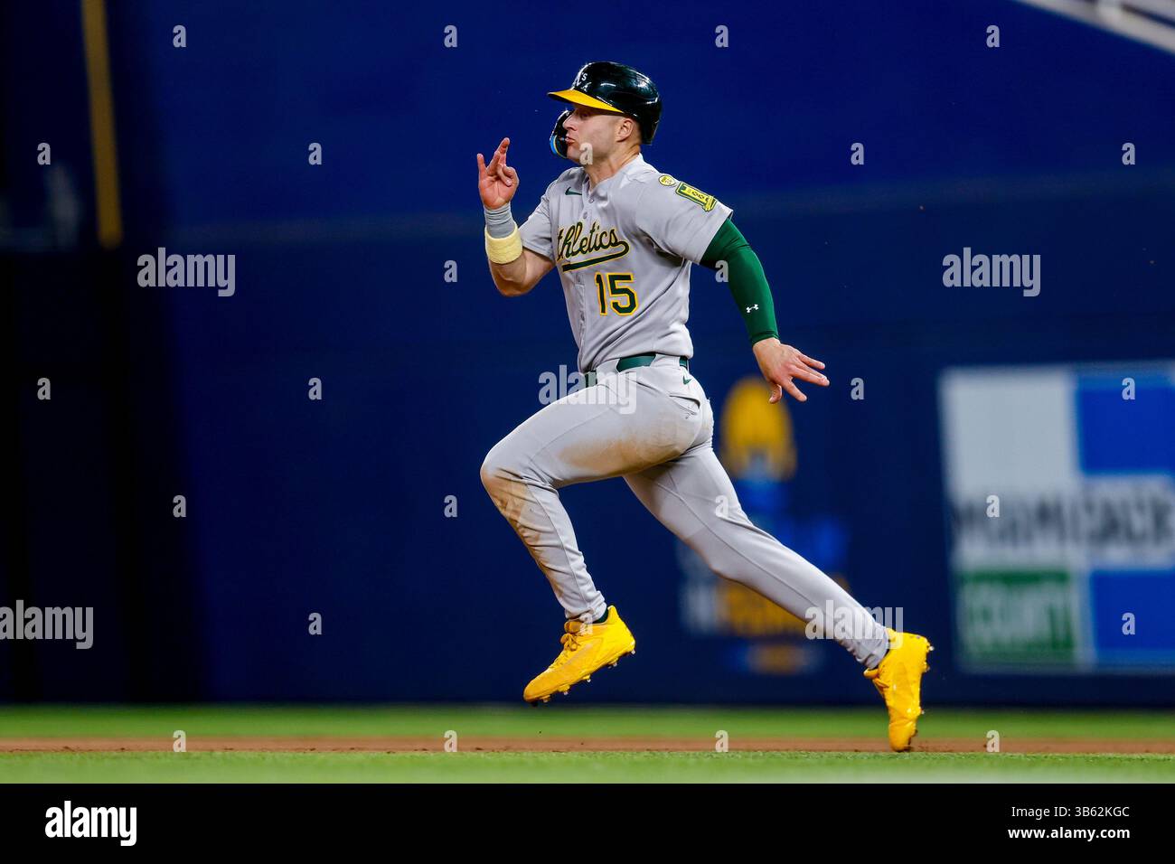 MIAMI, FL - MAY 02: Seth Brown #15 of the Oakland Athletics runs to ...