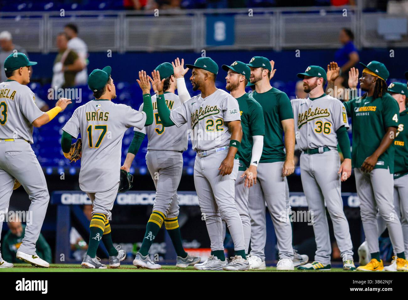 MIAMI, FL - MAY 02: Oakland Athletics players celebrate the win ...