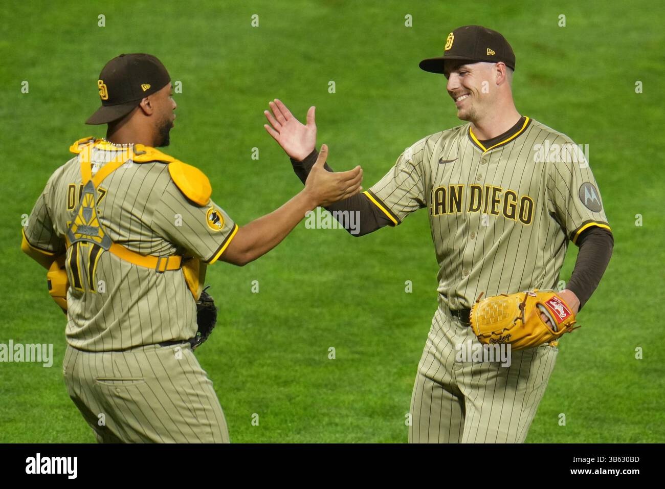 San Diego Padres pitcher Ryan Bergert, right, and catcher Elias Díaz ...