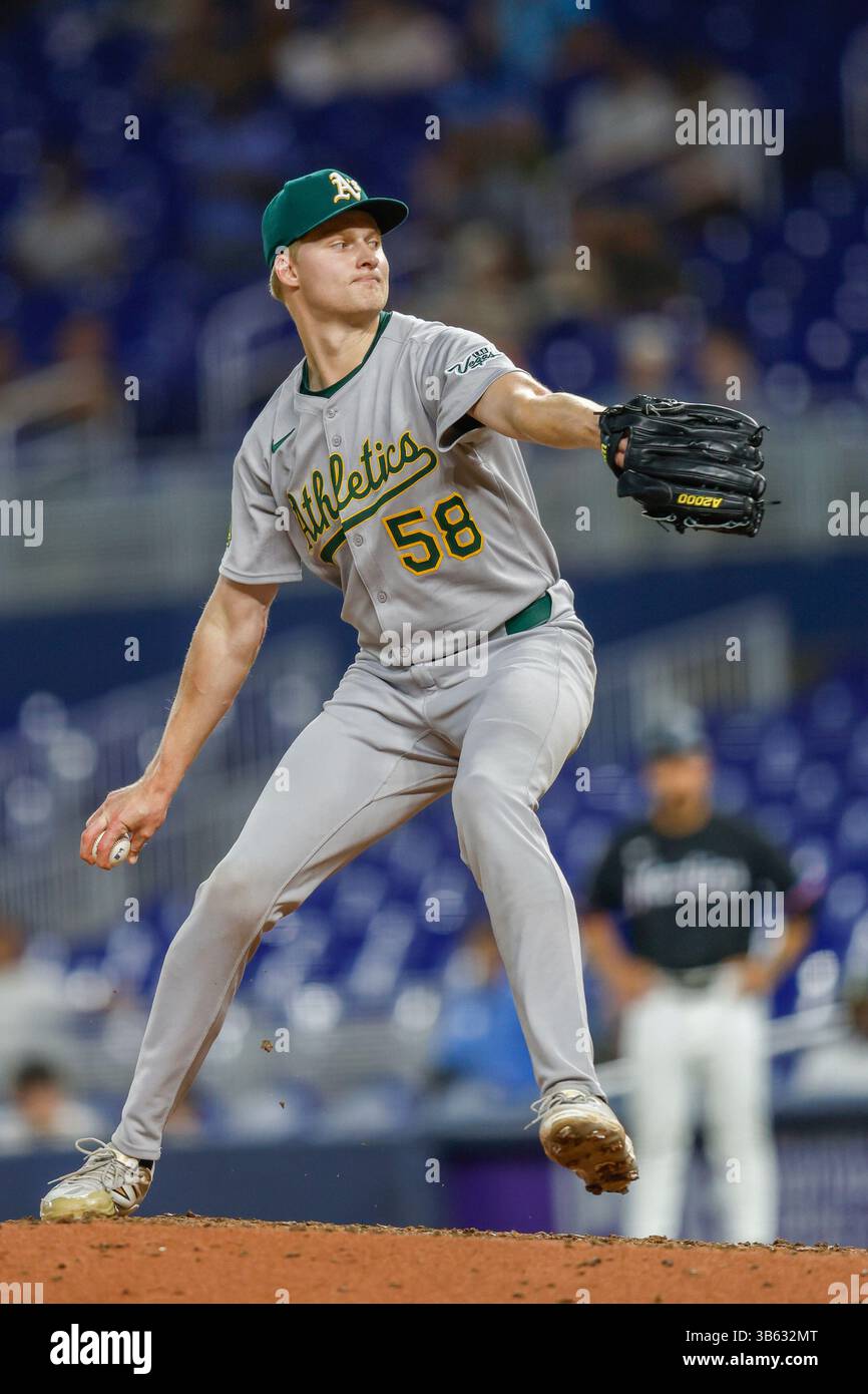 MIAMI, FL - MAY 02: Noah Murdock #58 of the Oakland Athletics pitches ...