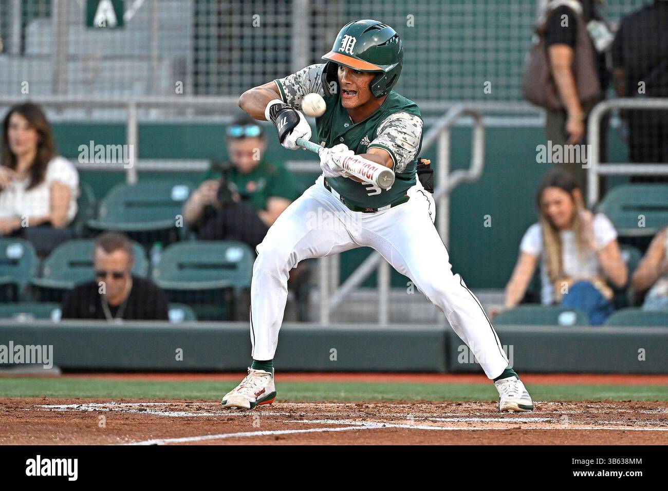 CORAL GABLES, FL - MAY 02: Miami outfielder Fabio Peralta (37) bunts in ...