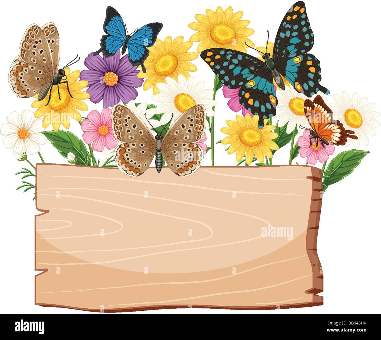 Colorful butterflies flutter above vibrant flowers and a wooden sign ...