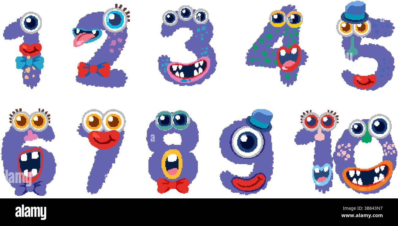 Colorful monster-themed numbers with quirky expressions and vibrant ...
