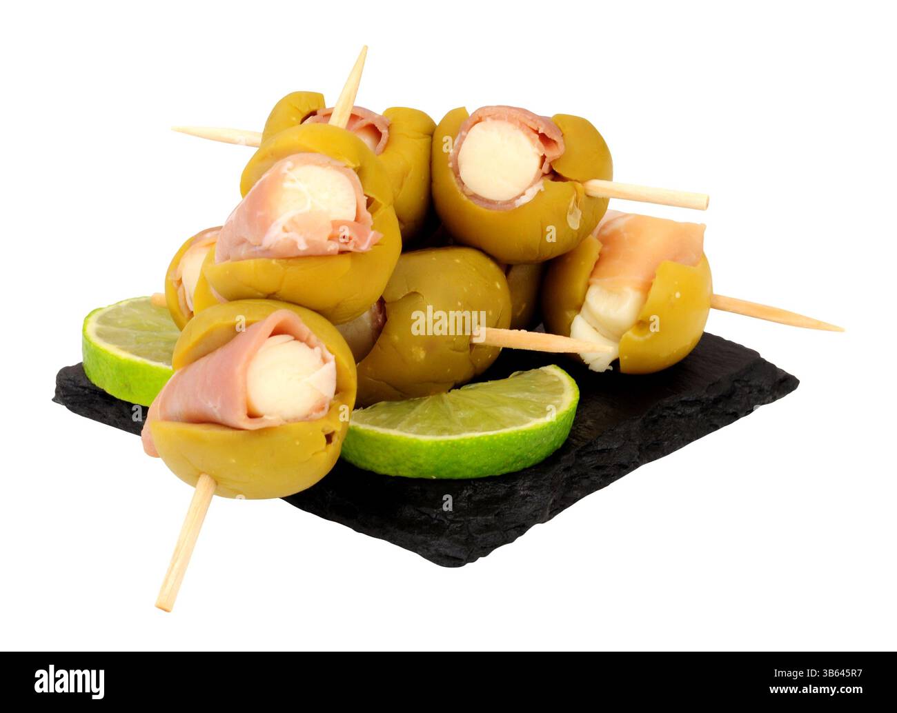 Group of Spanish Pinchos, Gordal olives stuffed with Serrano ham and ...