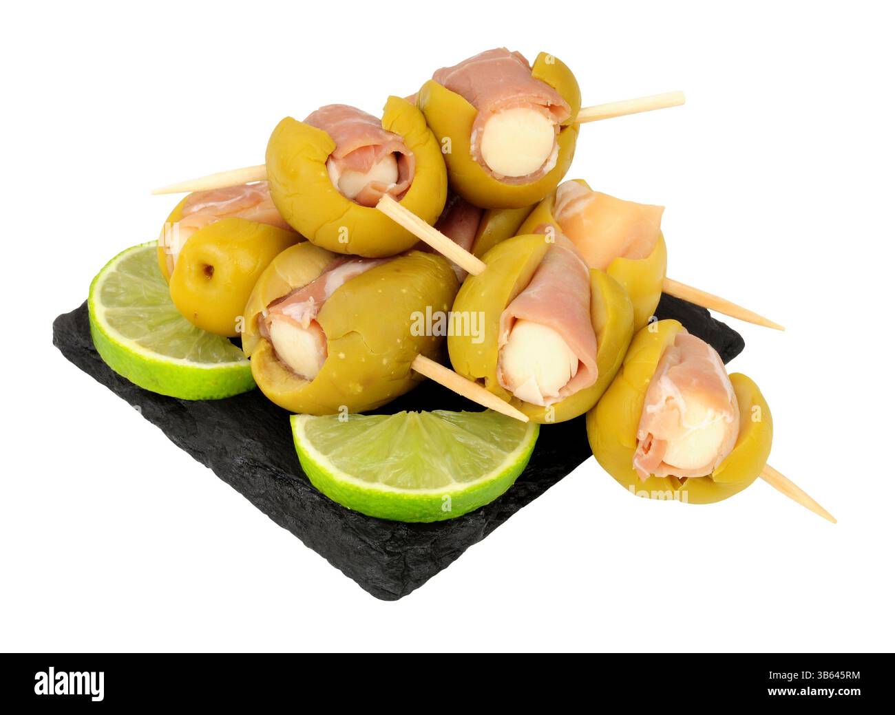 Group of Spanish Pinchos, Gordal olives stuffed with Serrano ham and ...
