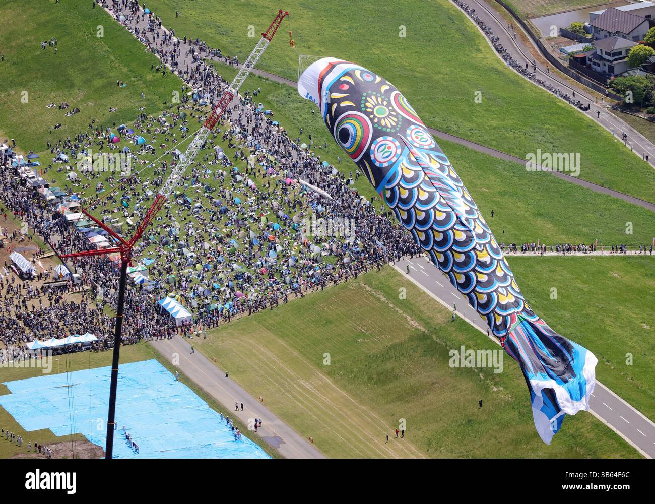An aerial photo shows jumbo carp-shaped streamer swimming leisurely in ...
