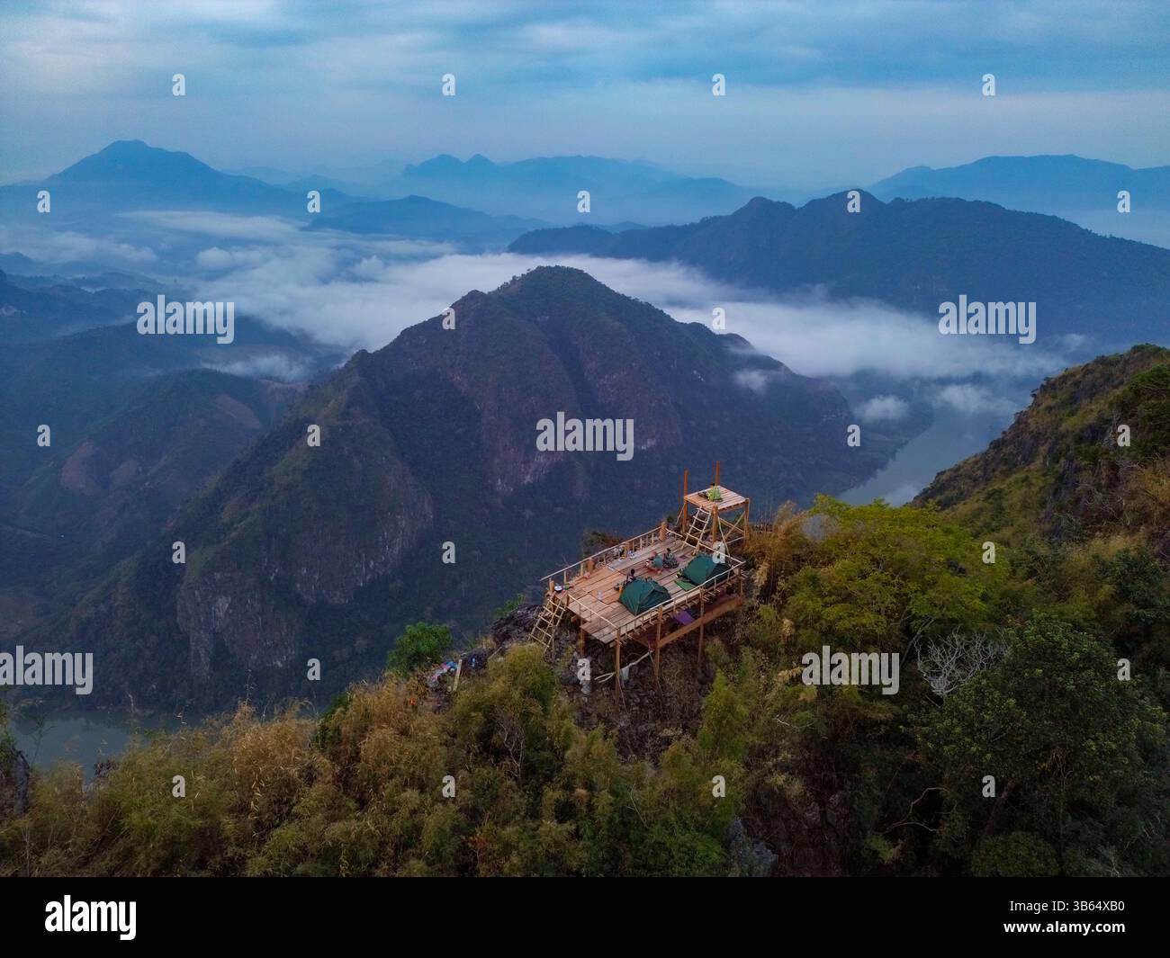 Aerial view of Nong Khiaw, Laos: a quiet village nestled between ...