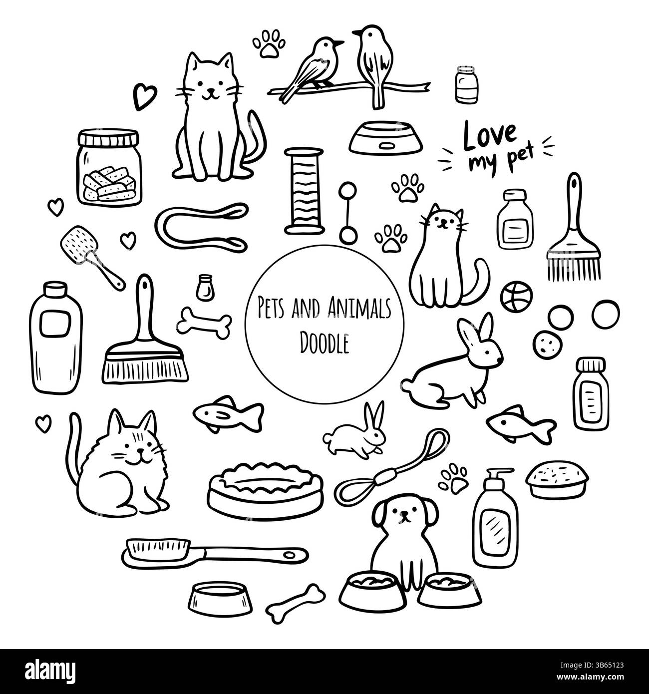 Hand drawn set of dog and pet accessories elements: bone, food, leash ...