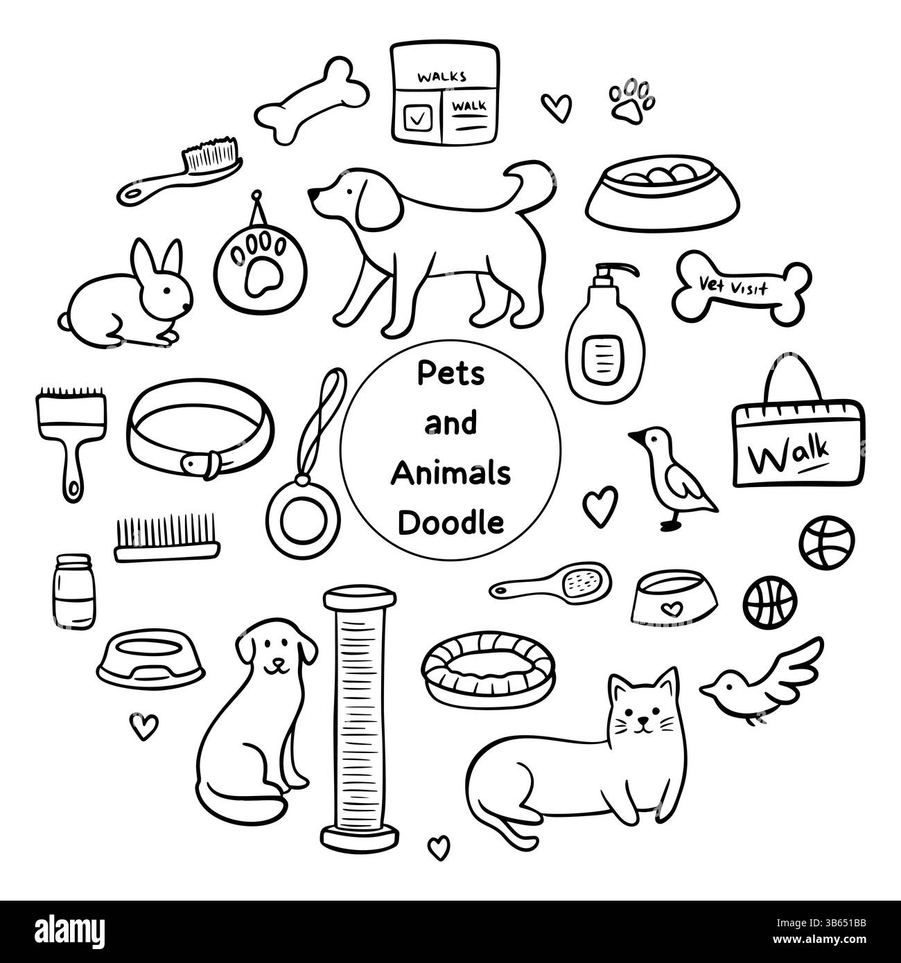 Hand drawn set of dog and pet accessories elements: bone, food, leash ...