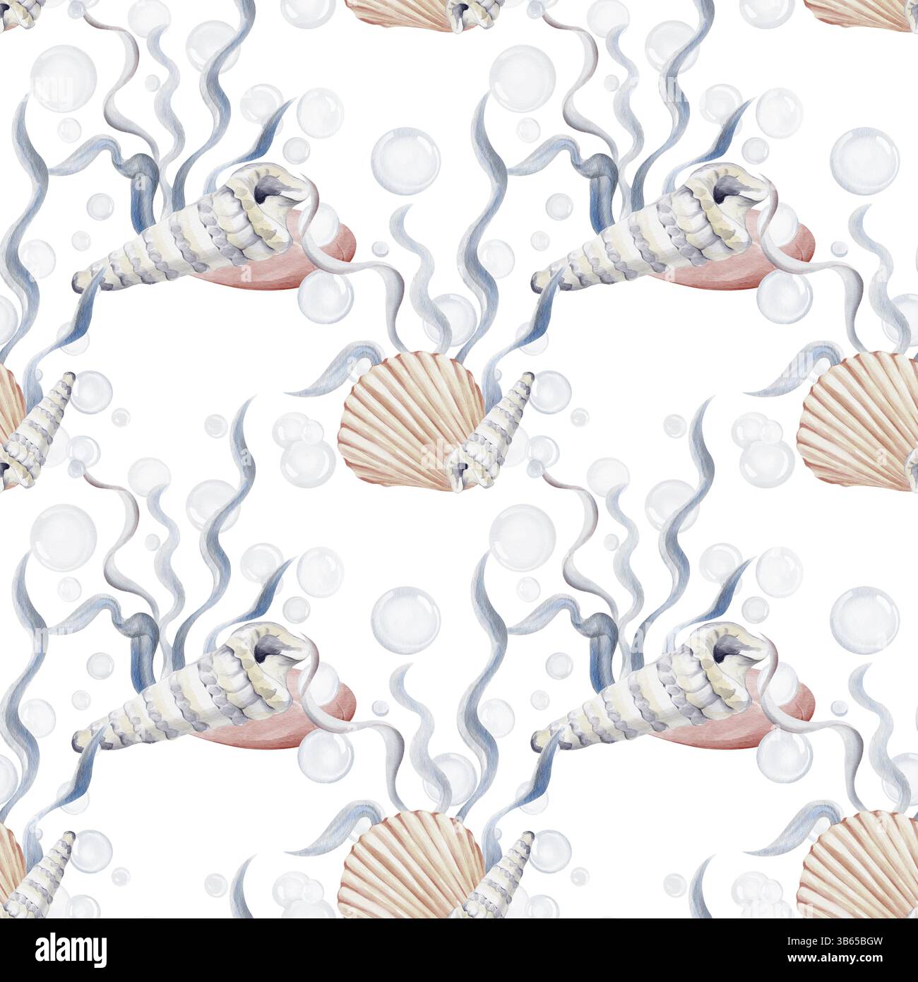 Marine seamless pattern with shells, mollusks and sea snails. Seaweed ...