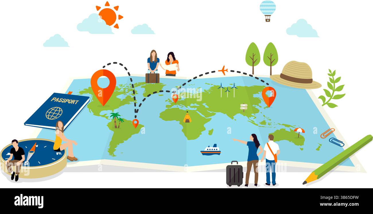 Vector illustration of a large world map and tourists Stock Vector ...