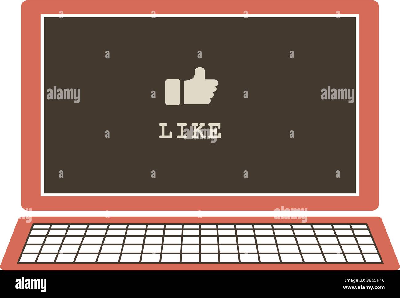 Red laptop screen with like thumbs up icon and text on a white ...