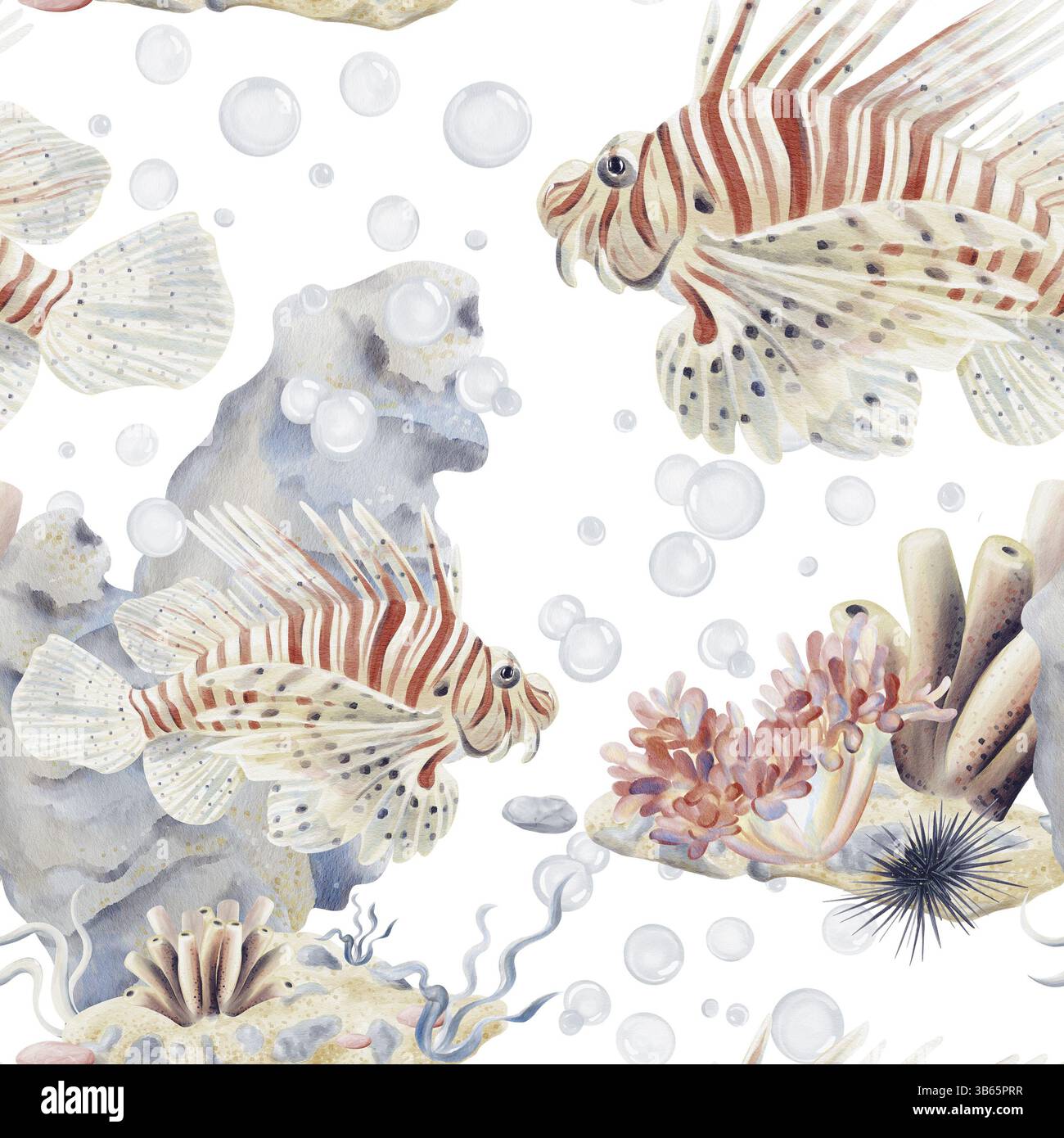 Seamless pattern with sea reef. Lionfish swims among seaweed and corals ...