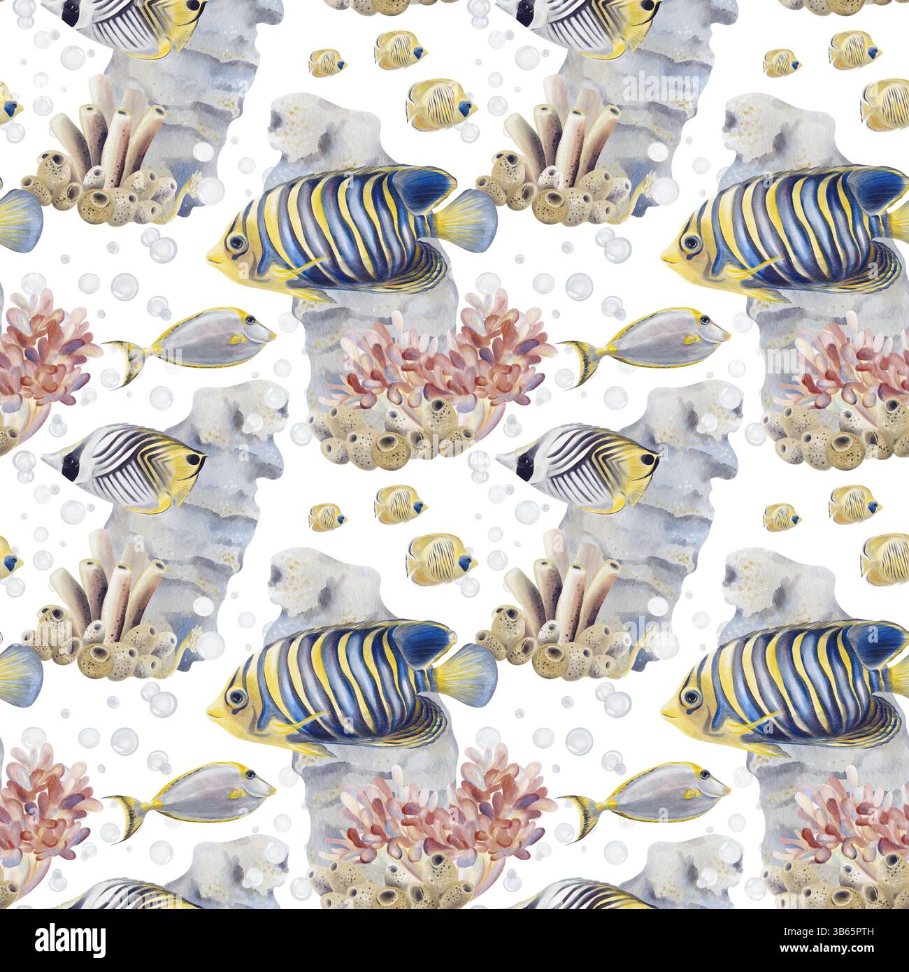 Seamless pattern with tropical striped fish. Seaweed and echtinia on ...