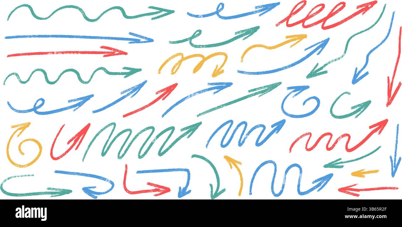 Arrows hand drawn squiggly set. Crayon multi colors curved thin ...