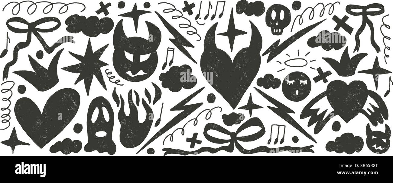 Punk breaking heart hand drawn doodles set. Devil and angels charcoal ...
