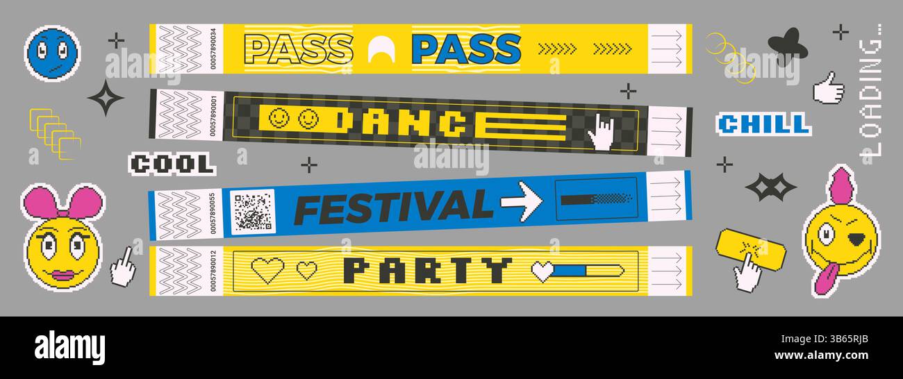 Groovy stickers shapes and hand bracelet tickets set. Music rock ...