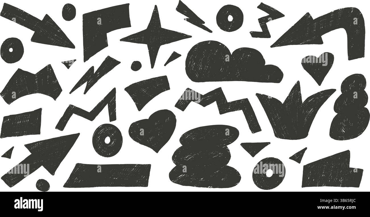 Abstract geometric shapes linocut drawn set. Stars, crown, arrows and vector figures by marker ...