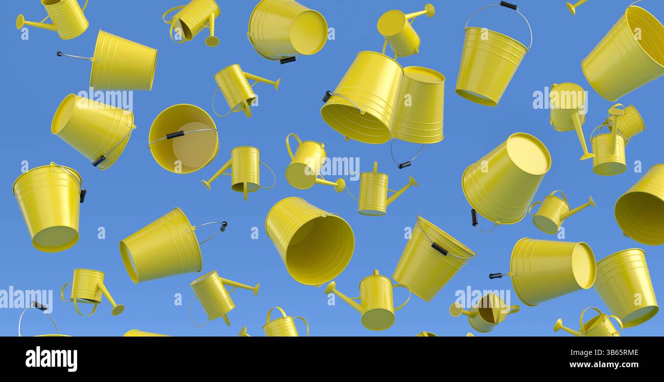 Many of flying garden buckets for hydration of plants on blue ...