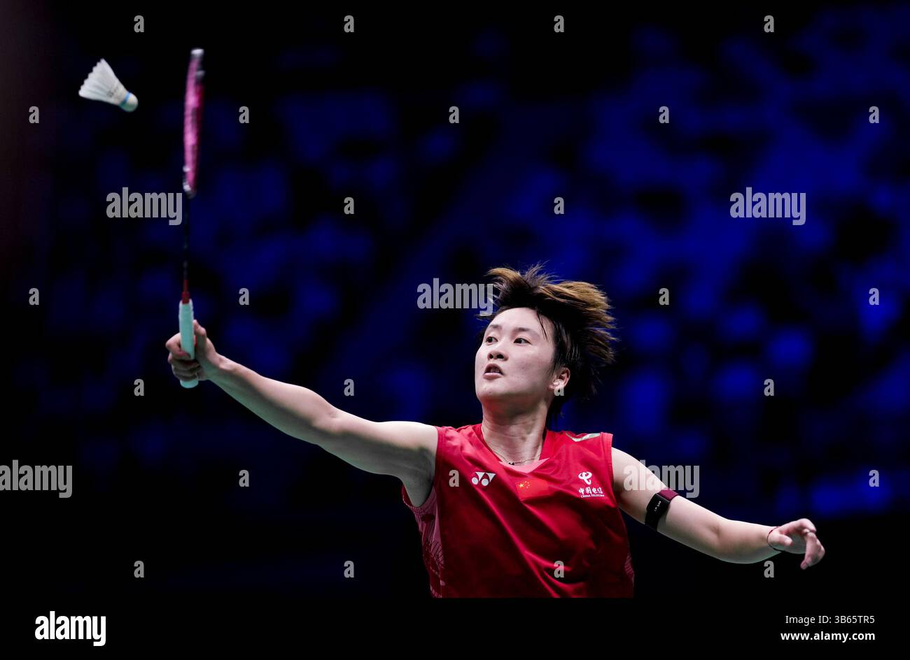 (250503) -- XIAMEN, May 3, 2025 (Xinhua) -- Chen Yufei of China hits a return in the women's ...
