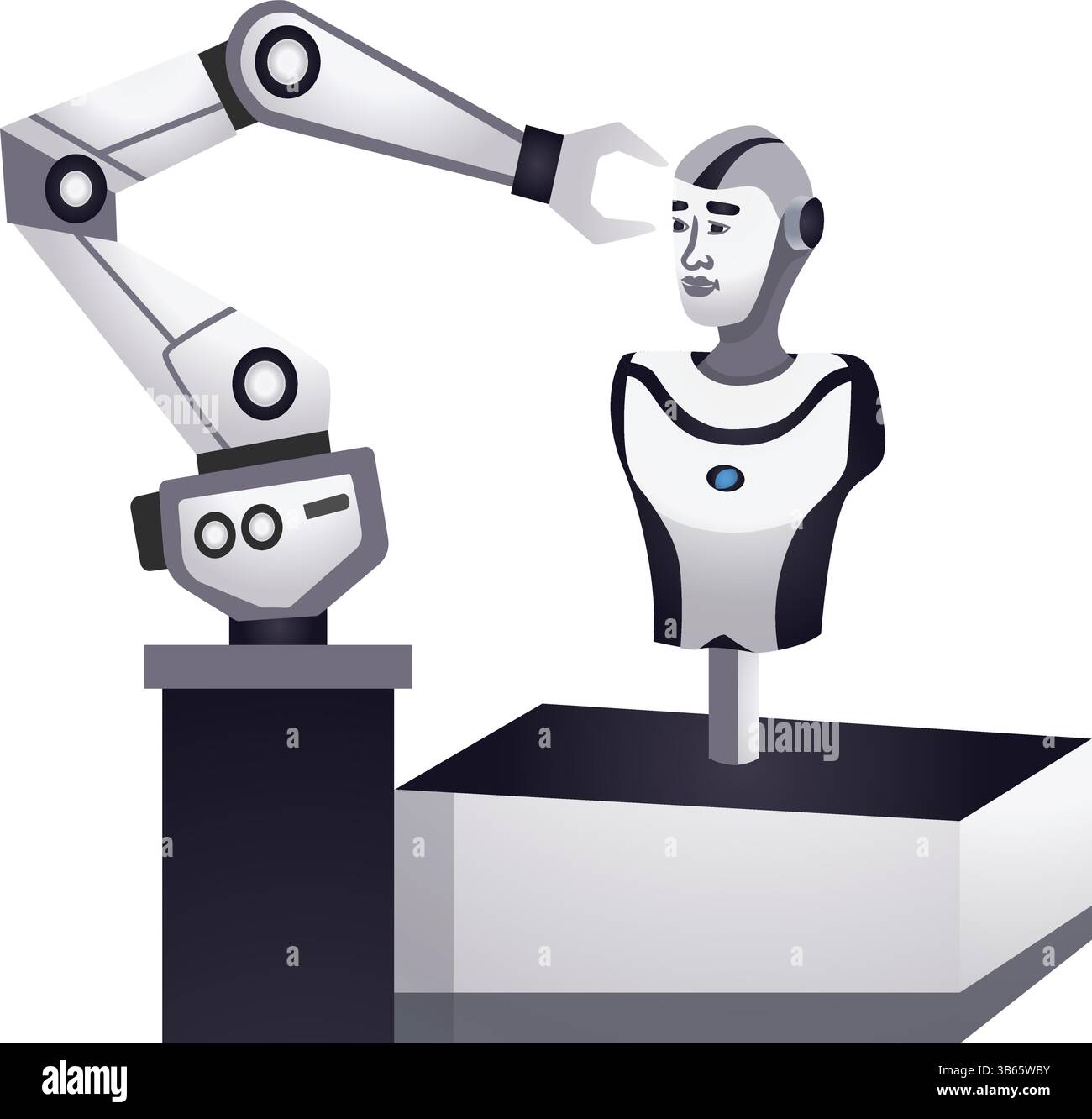 Robotic Arm Assembling Humanoid Robot Head in Futuristic Factory ...