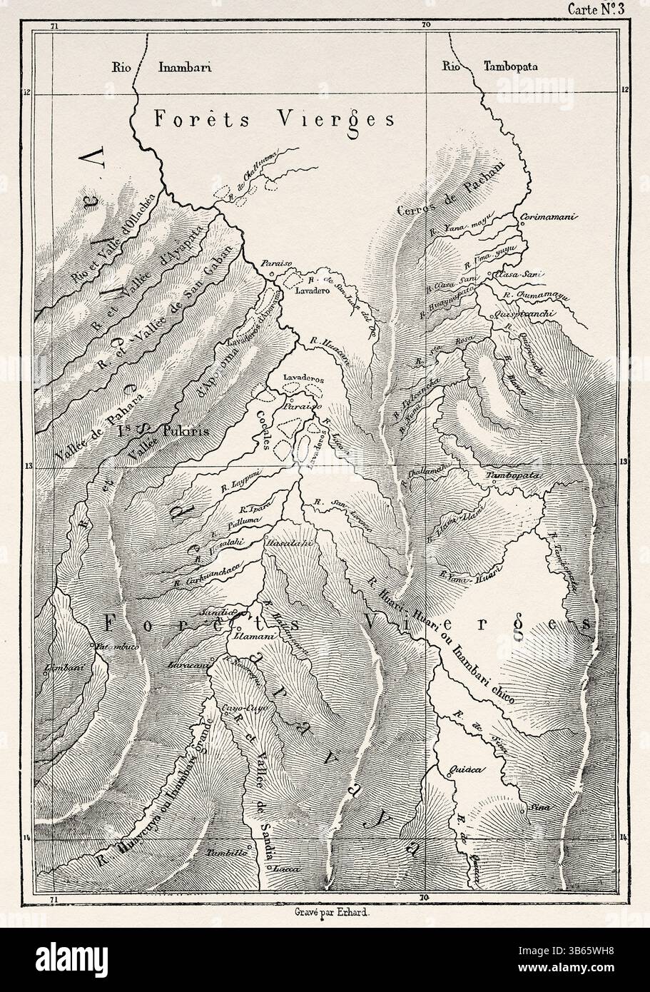 Old map of the Peruvian virgin forest, Peru. South America. Trip to the ...