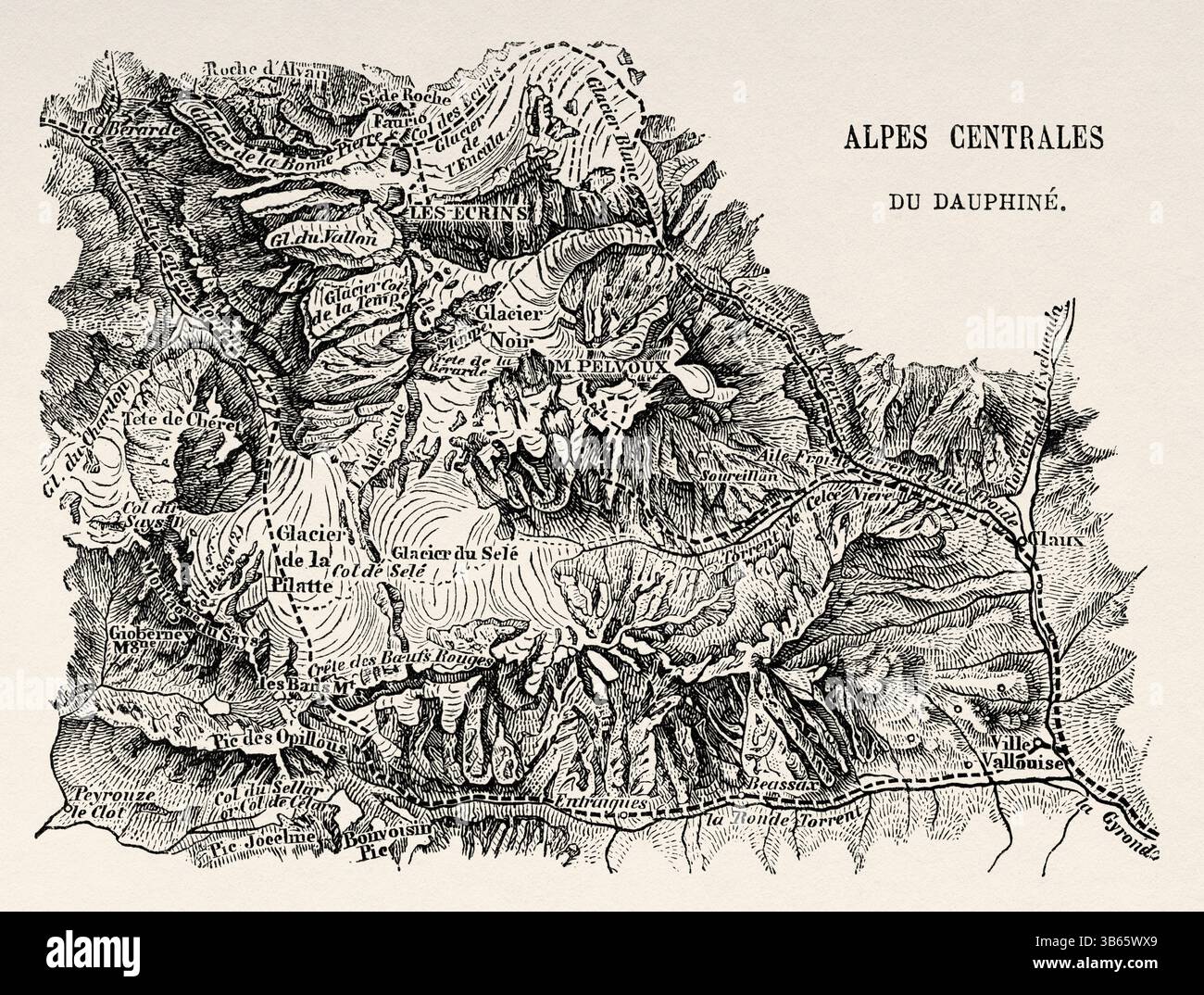 Old map of the Central Alps, Switzerland. Drawing by Emile Metzmacher (1815 - 1890) Scrambles ...