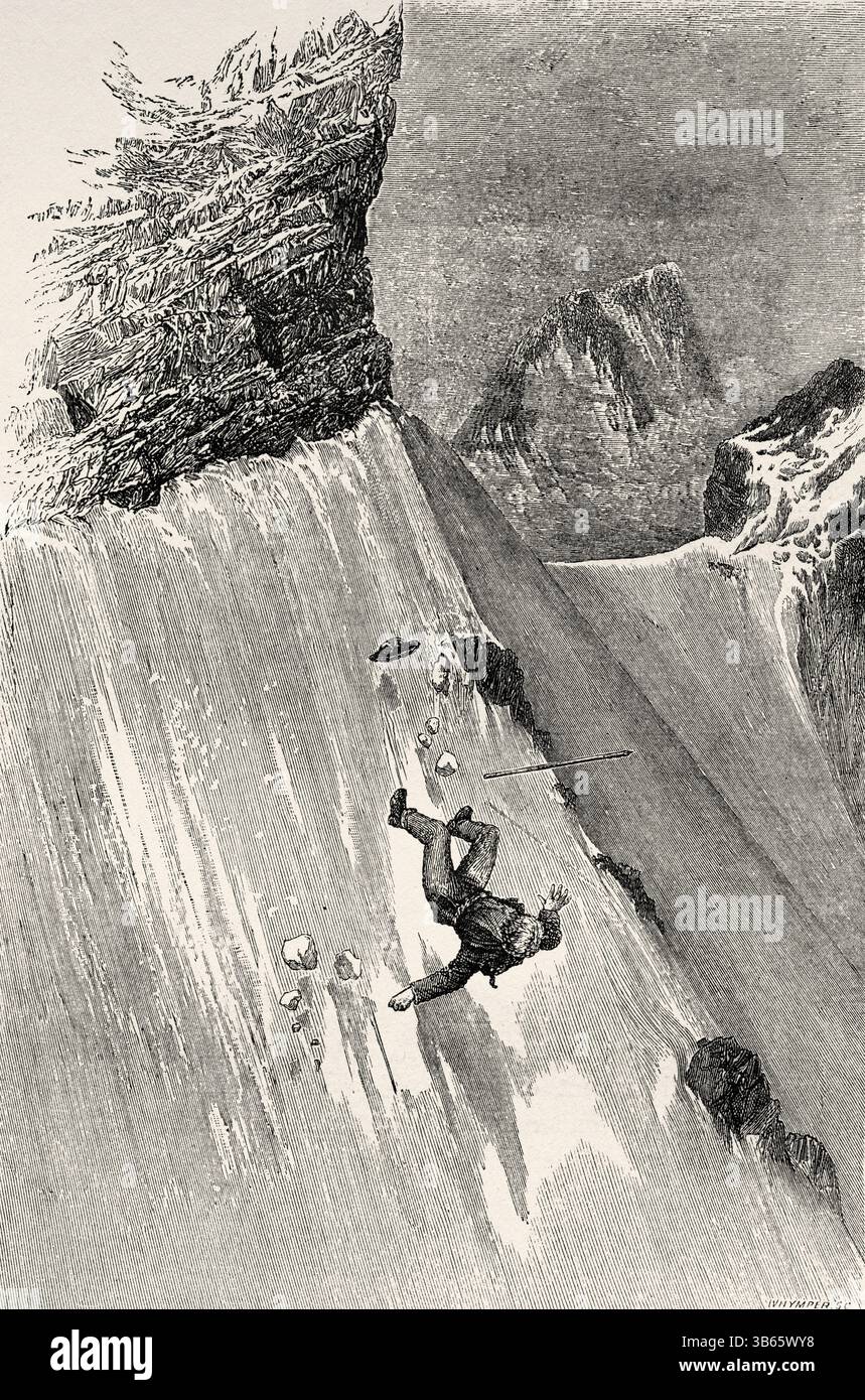 Fall of Mr Whymper to Col du Lion, Switzerland. Drawing by Emile ...