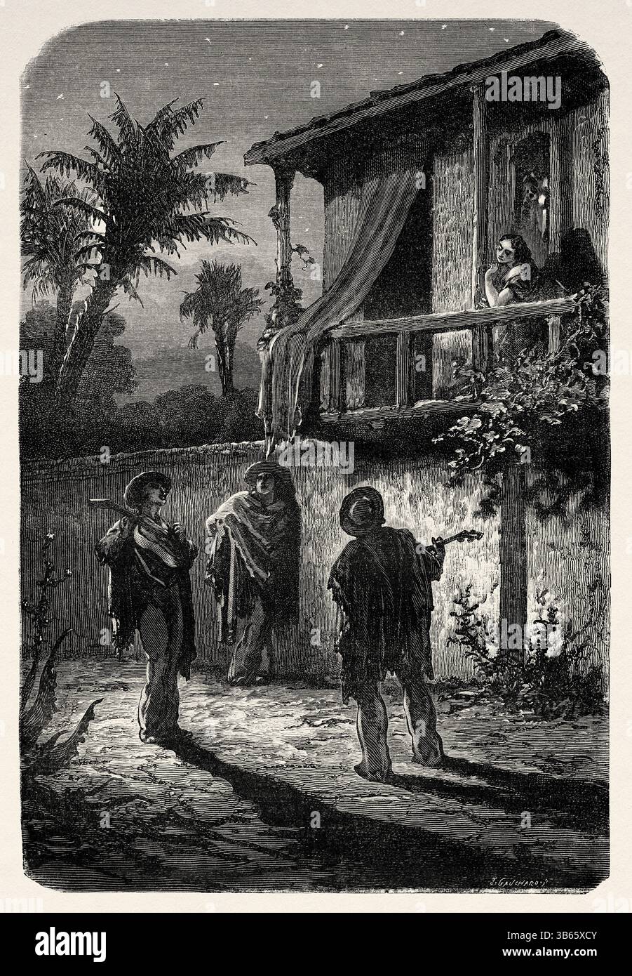 Natives sing a serenade to a beautiful woman on the balcony of her ...