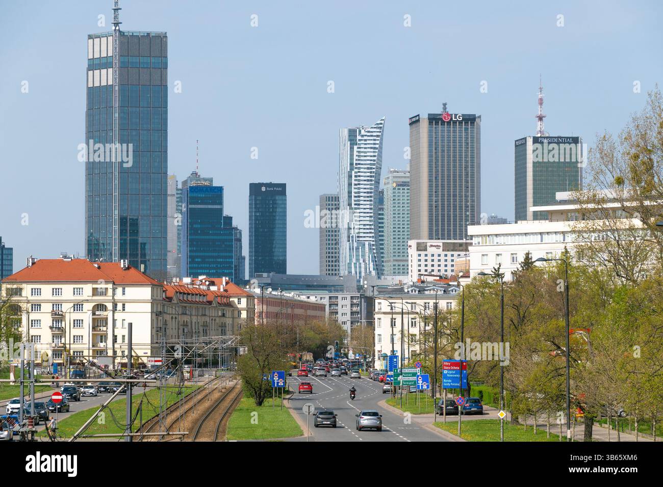 View of a busy road and skyscrapers in Warsaw. City center. April 17 ...