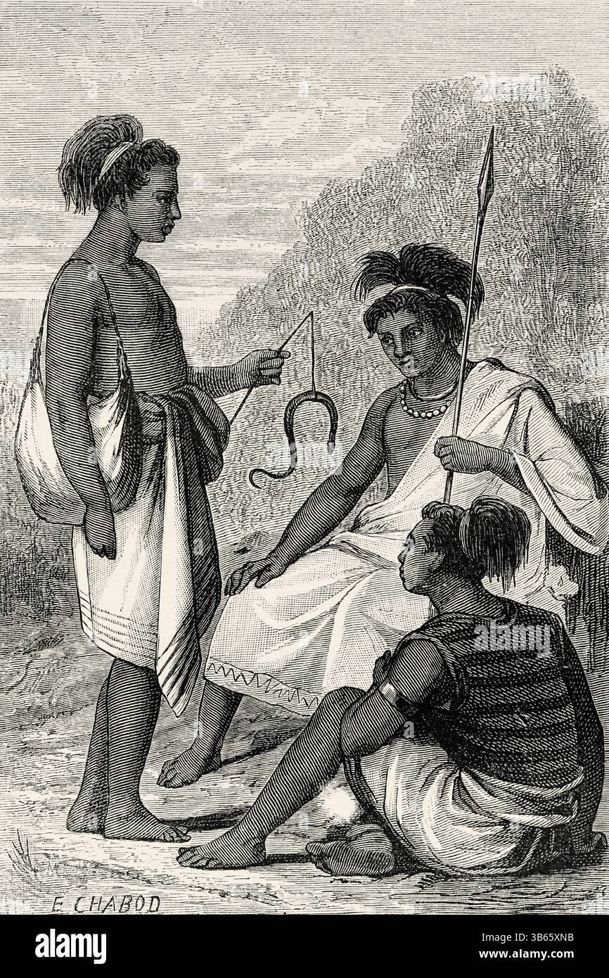 Timor island natives. Indonesia, Asia. Drawing by E. Chabot. Voyage to ...