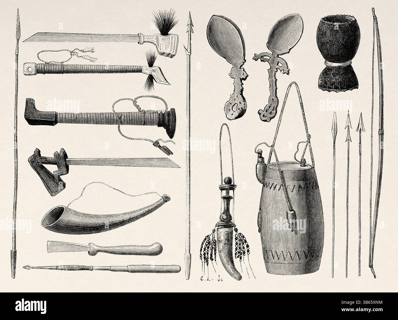 Timorese weapons and tools, Timor island. Indonesia, Asia. Drawing by ...