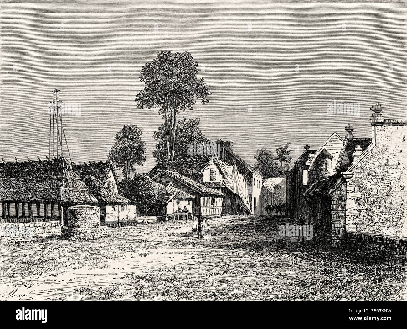 Makassar village, Sulawesi island. Celebes. Indonesia, Asia. Drawing by ...