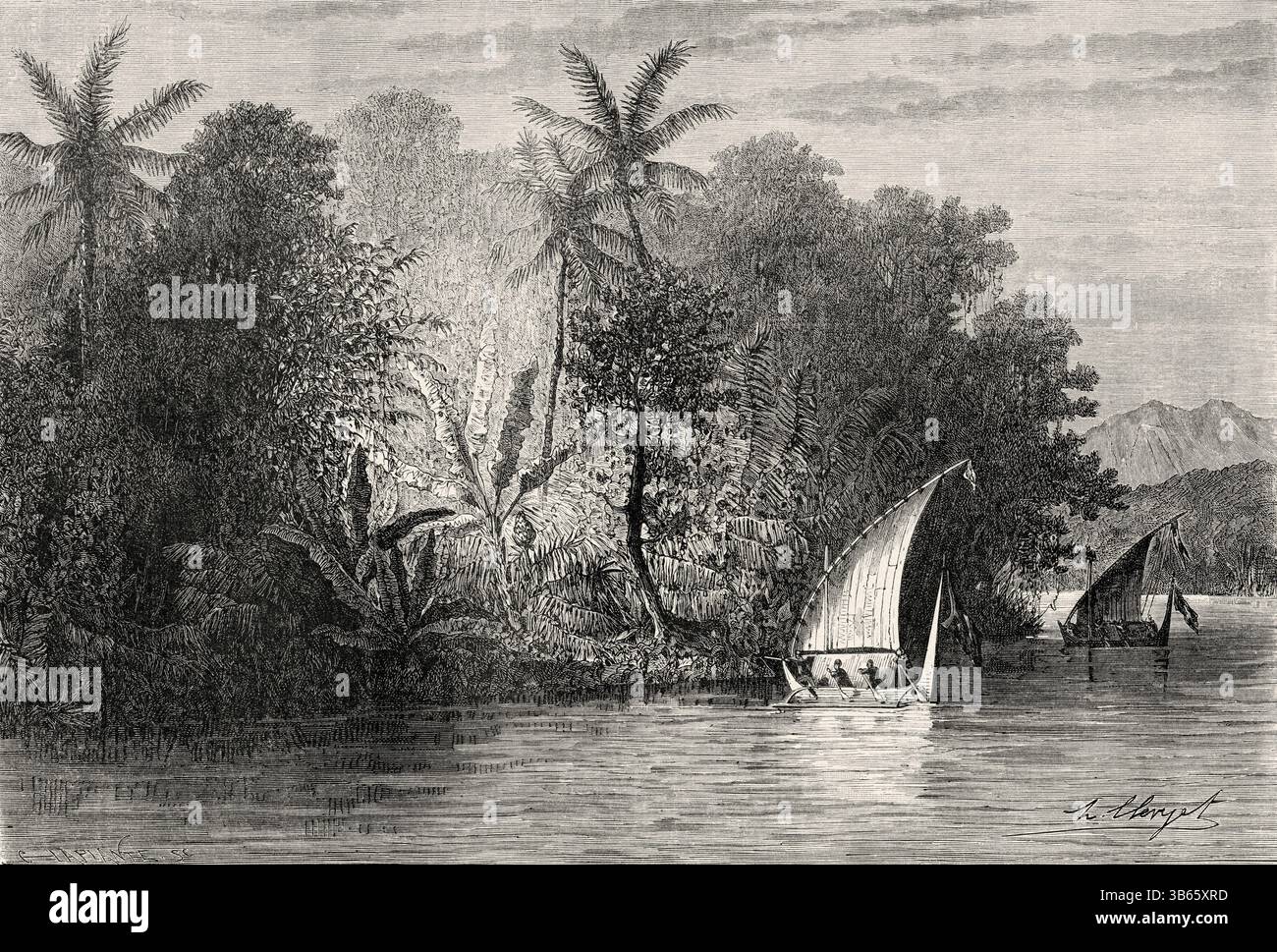 A view of Celebes Island. Indonesia, Asia. Drawing by Hubert Clerget ...