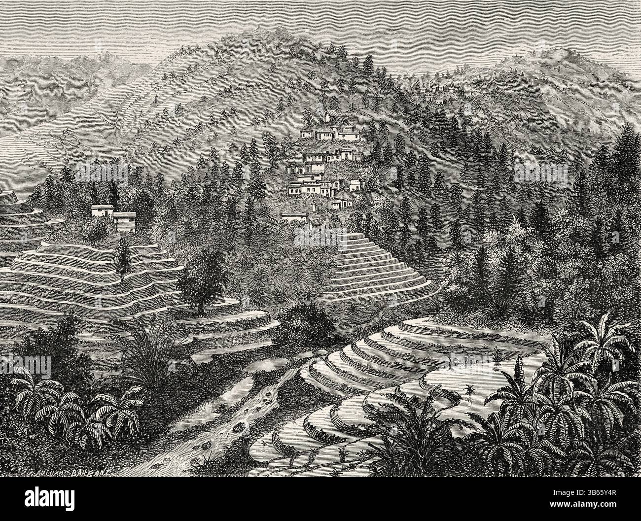 Village and tiered rice paddies mountain in Pou-eul in Yunnan province ...