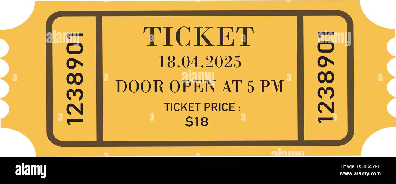 Yellow Event Ticket with Date, Time, and Price Details Stock Vector ...