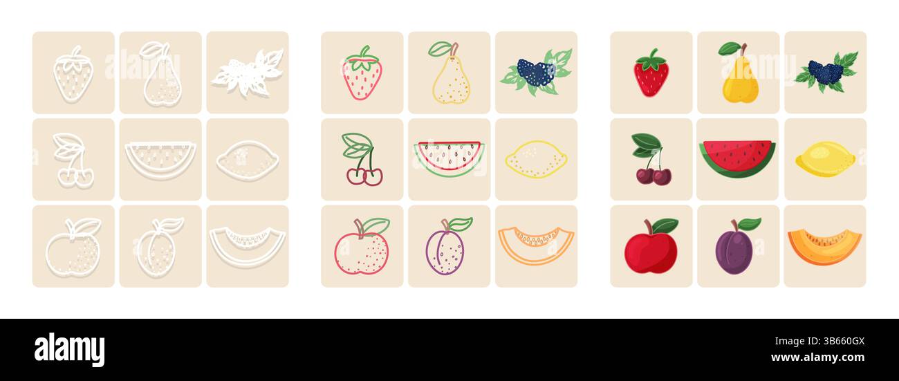 Set of fruit icons in outline and color styles on beige background ...